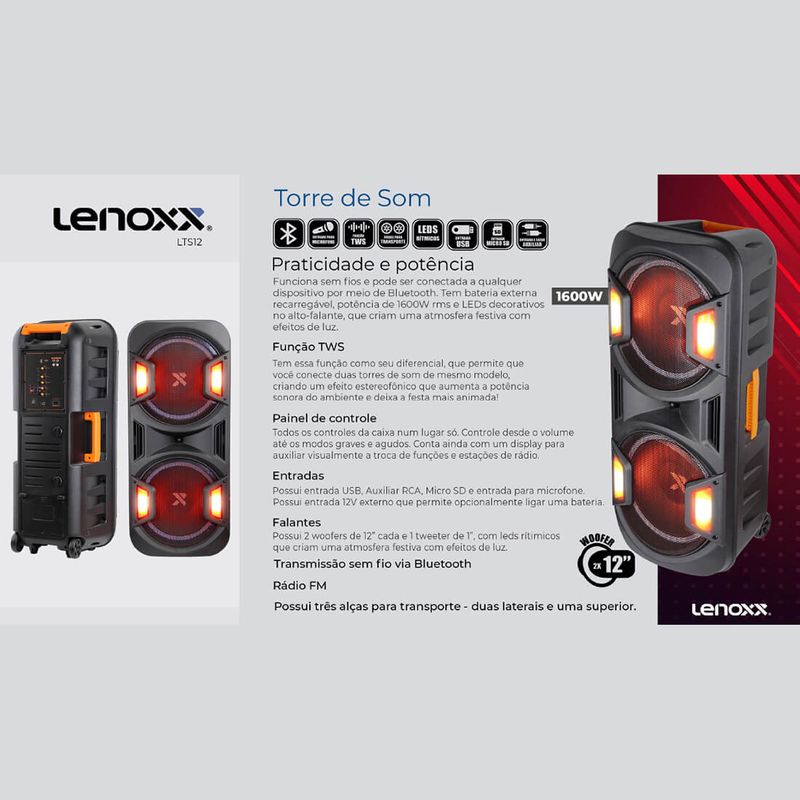 Caixa de Som Amplificada Lenoxx Portátil 1600W Bluetooth USB LED Torre ...