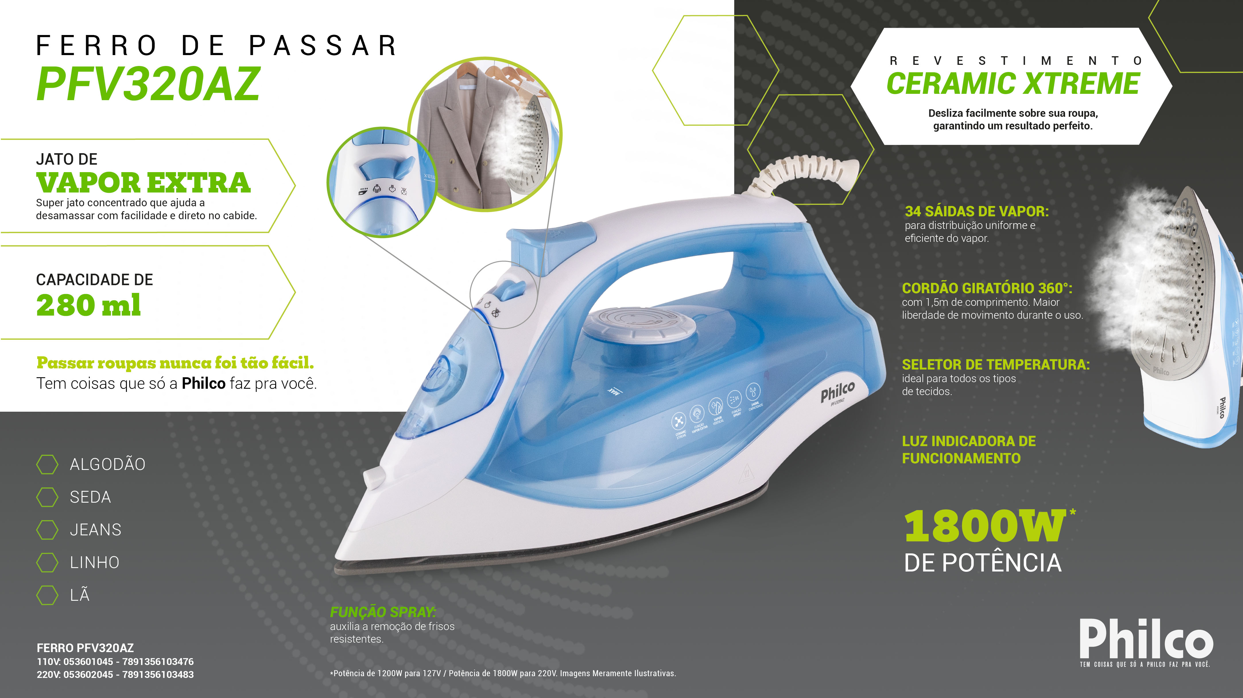 Ferro de Passar Roupas à Vapor Philco Base Cerâmica 240ml Seletor de Temperatura PFV320AZ - Cybelar